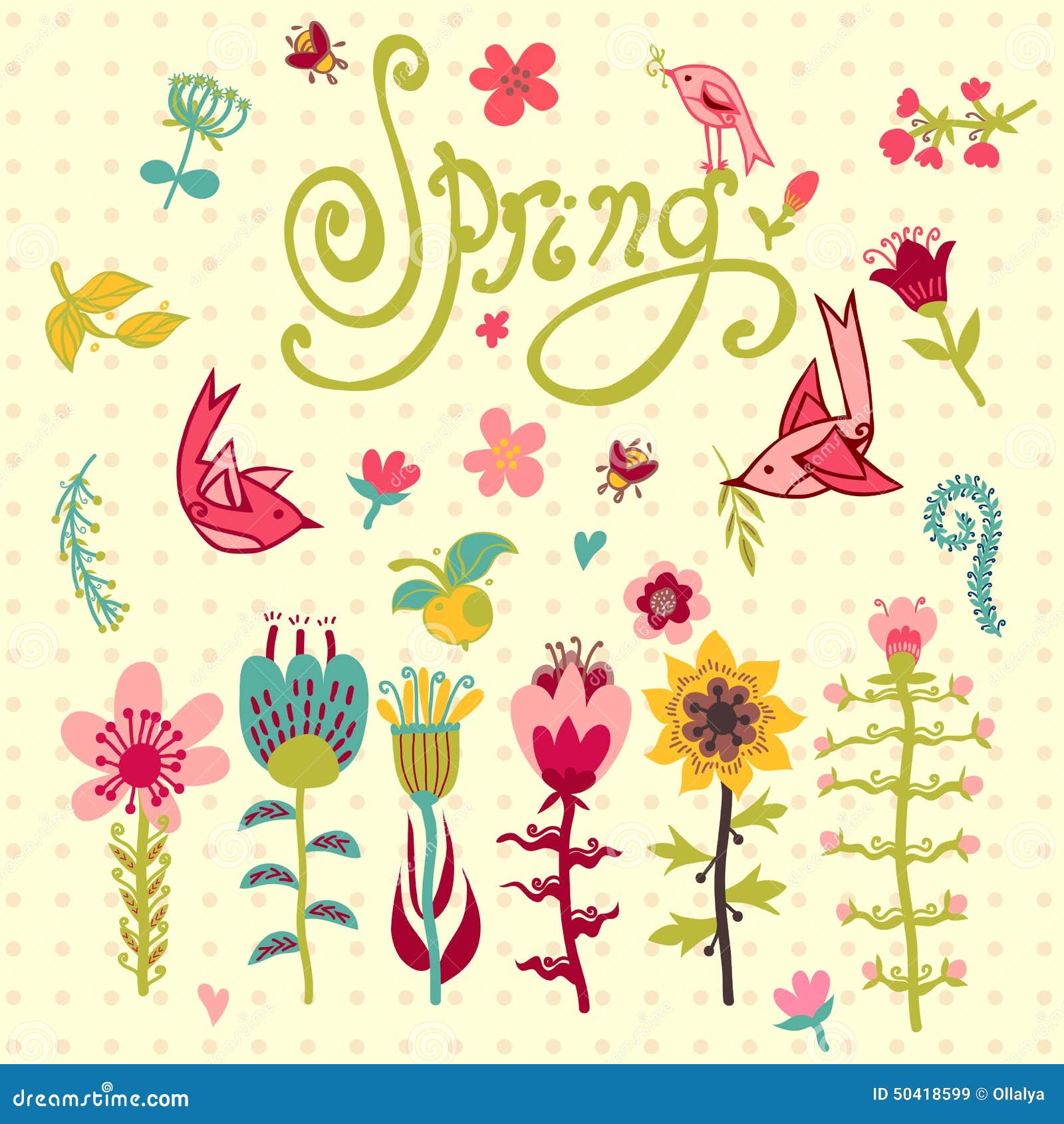 Doodle Vector Set of Spring Flowers with Lettering Stock Vector ...