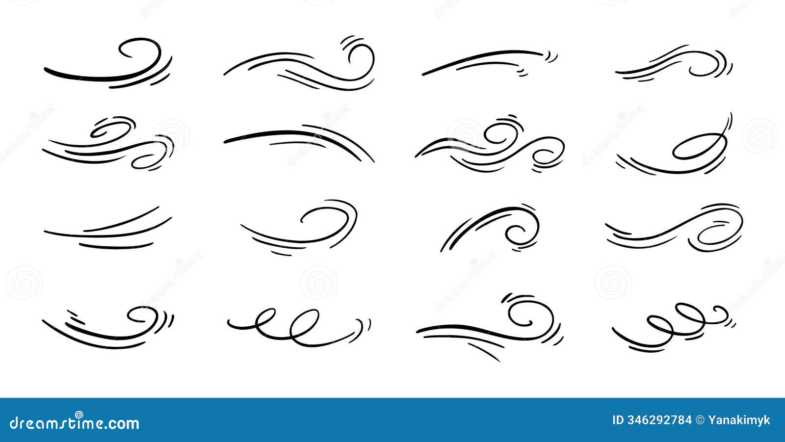 Doodle Wind Line Sketch Set. Hand Drawn Doodle Wind Air Blow, Swirl ...