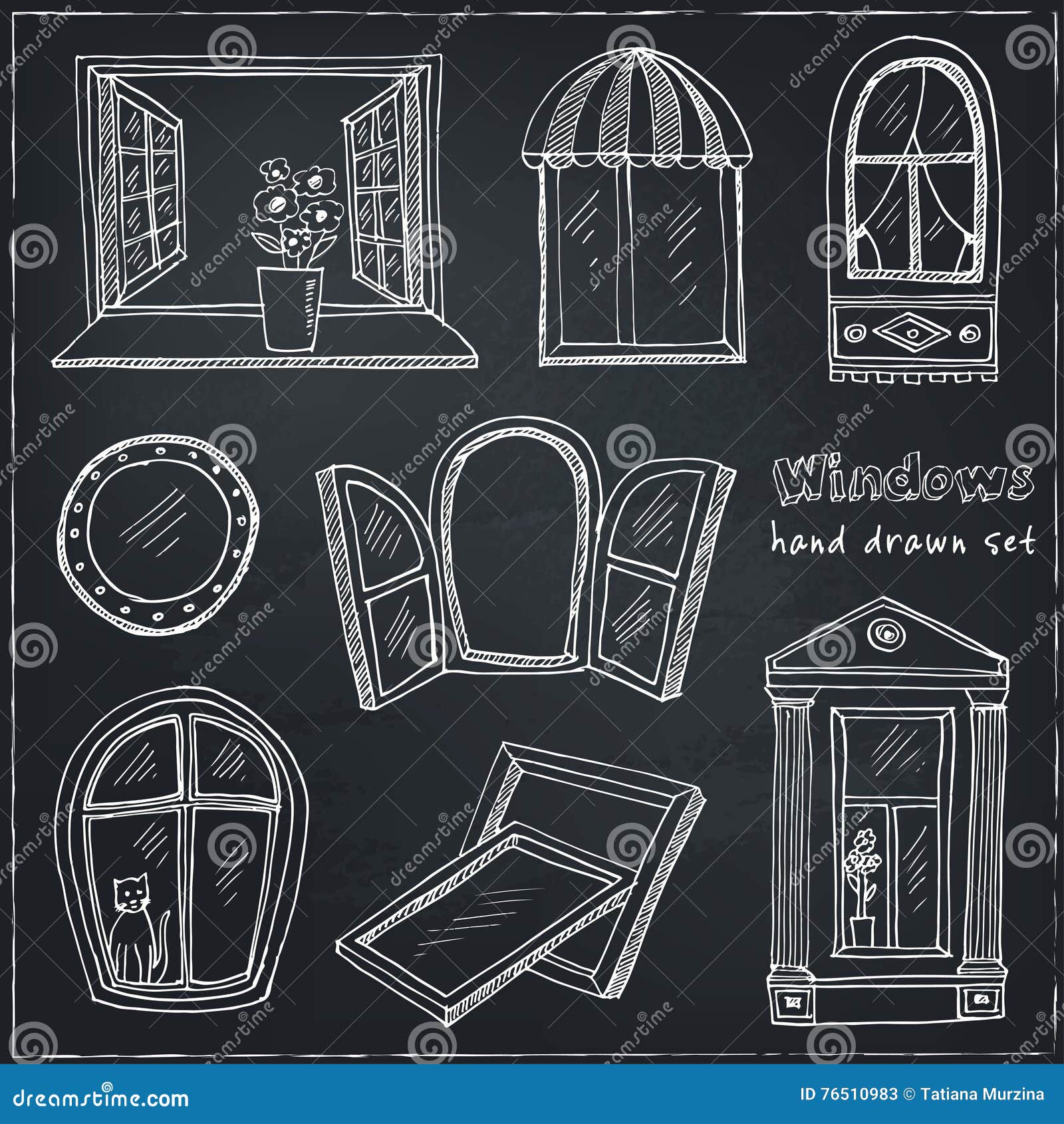 Doodle Windows Set Isolated On Black Background. Hand Drawn ...