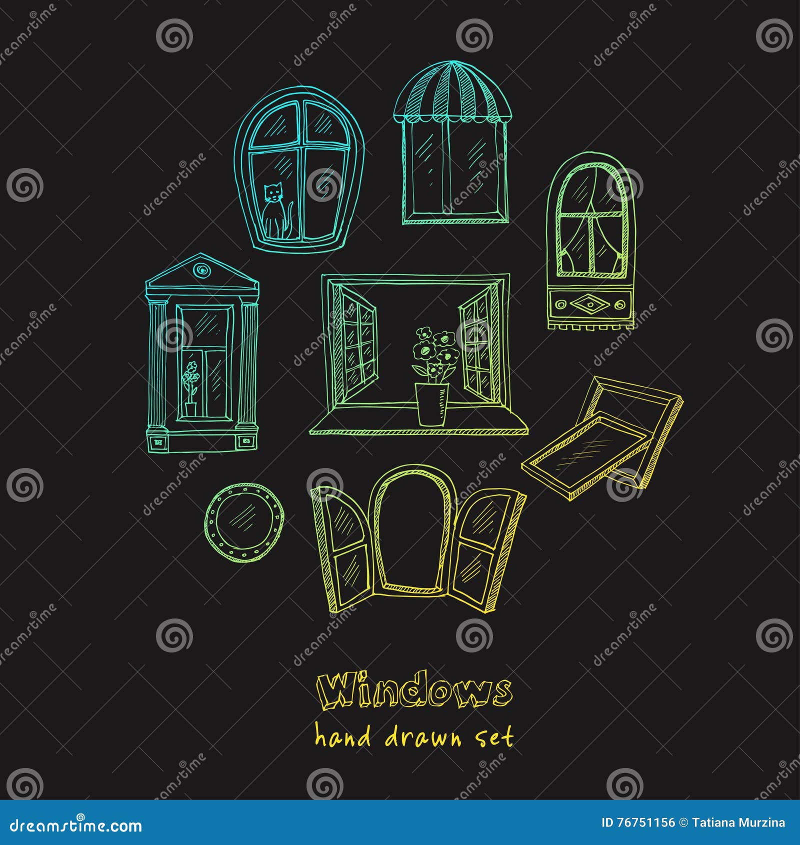 Doodle Windows Set Isolated On Black Background. Hand Drawn ...