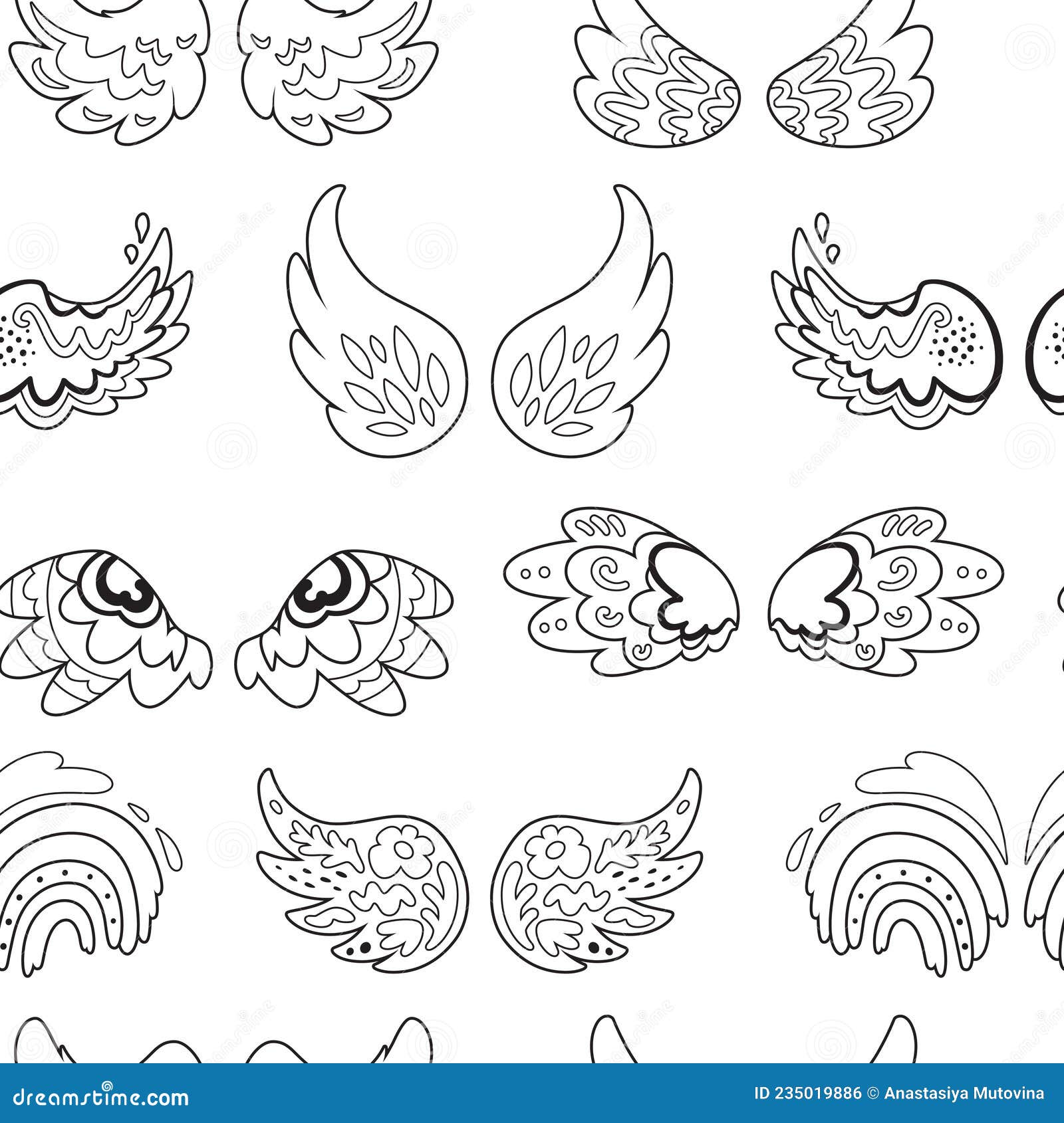 Doodle Wings Seamless Pattern. Black and White Vector Background Stock ...