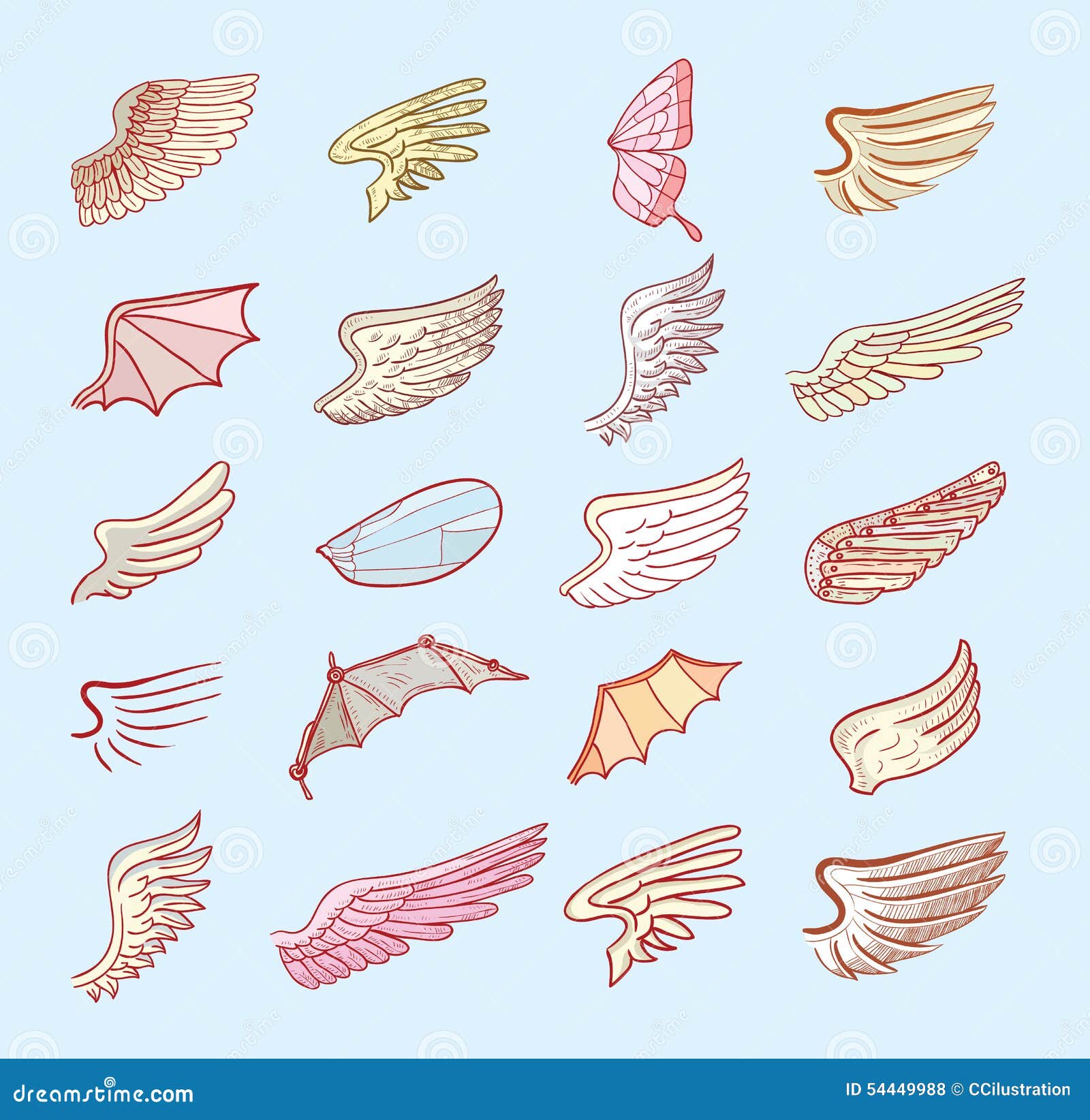 Doodle Wings Set, Vector Illustrations. Stock Vector - Illustration of ...