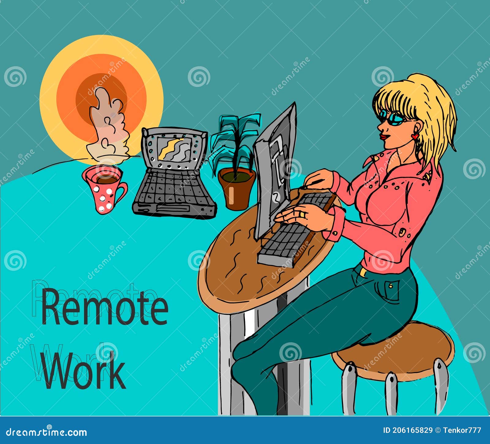 Doodle Woman Working at Home. Remote Work Concept. Stock Vector ...