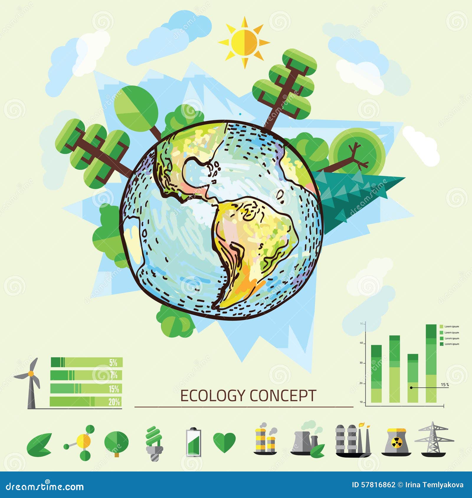 Doodle World Drawing, Vector Illustration of Nature with Tree Around ...