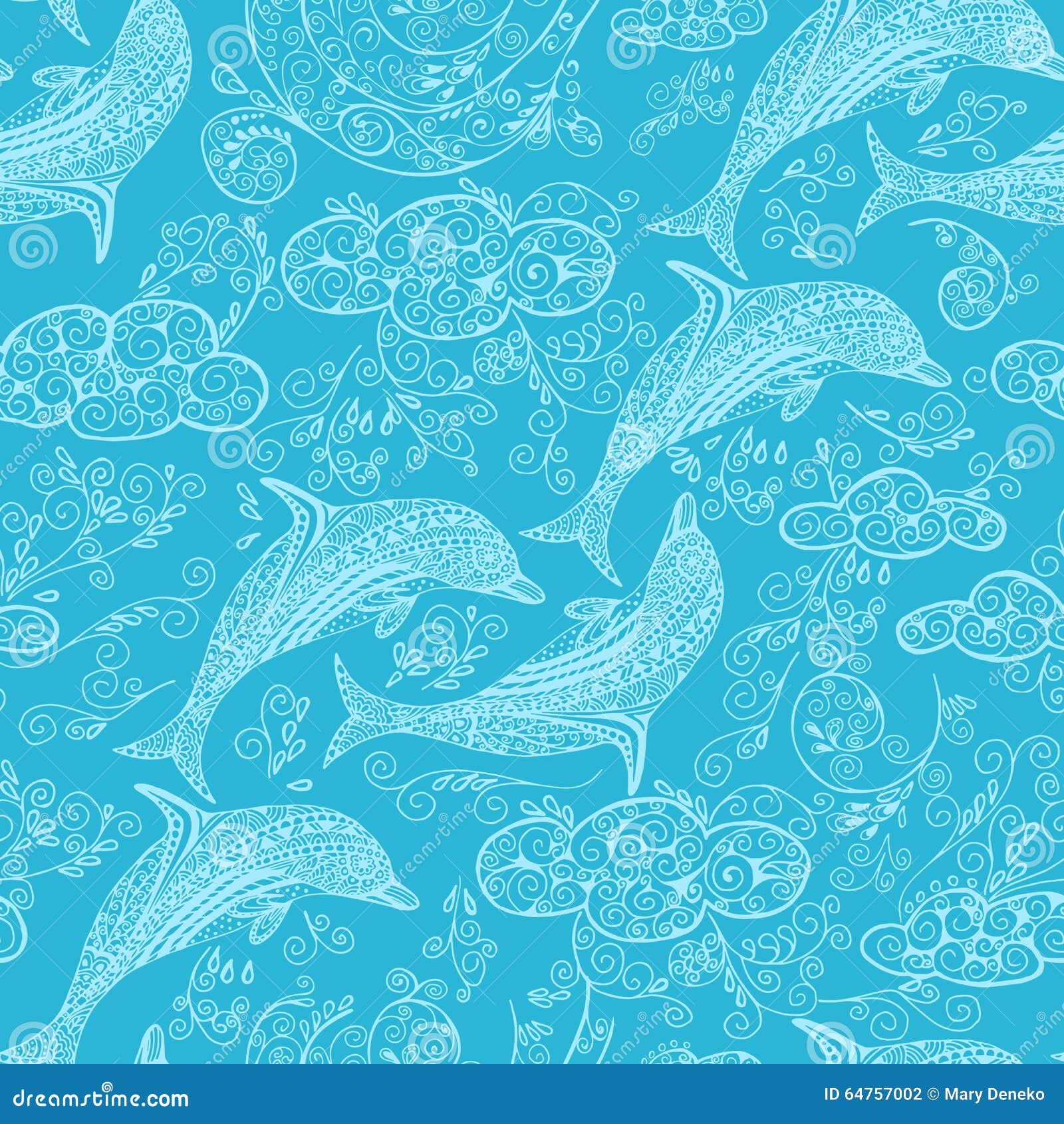 Doodled Dolphin In The Clouds Seamless Texture Vector Illustration ...