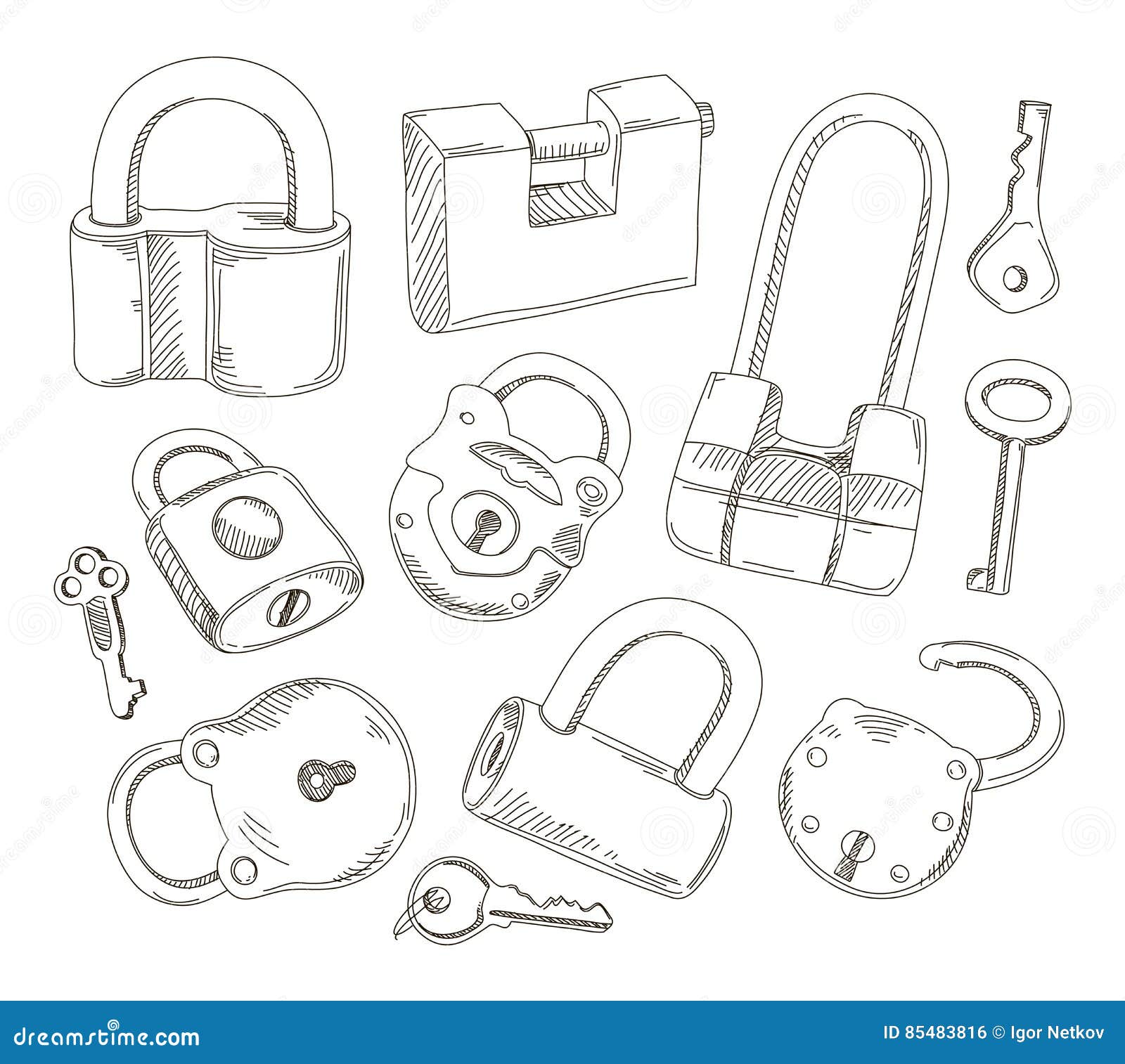 Doodled Set of Different Locks and Keys Stock Vector - Illustration of ...