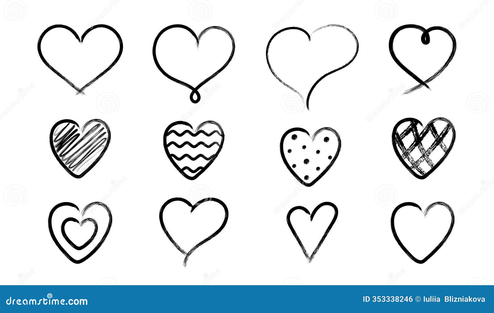 Doodles of Different Linear Hearts with Brush. Vector Illustration of ...