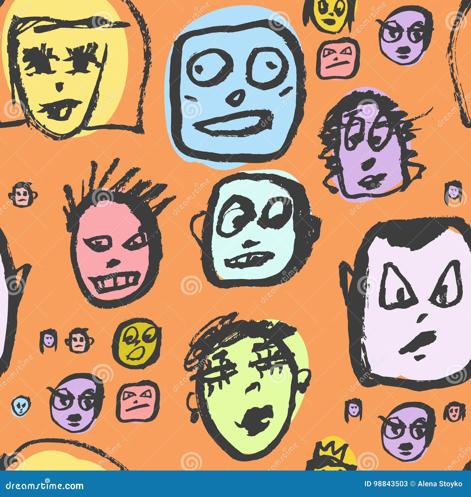 Doodles faces pattern stock vector. Illustration of graphic - 98843503