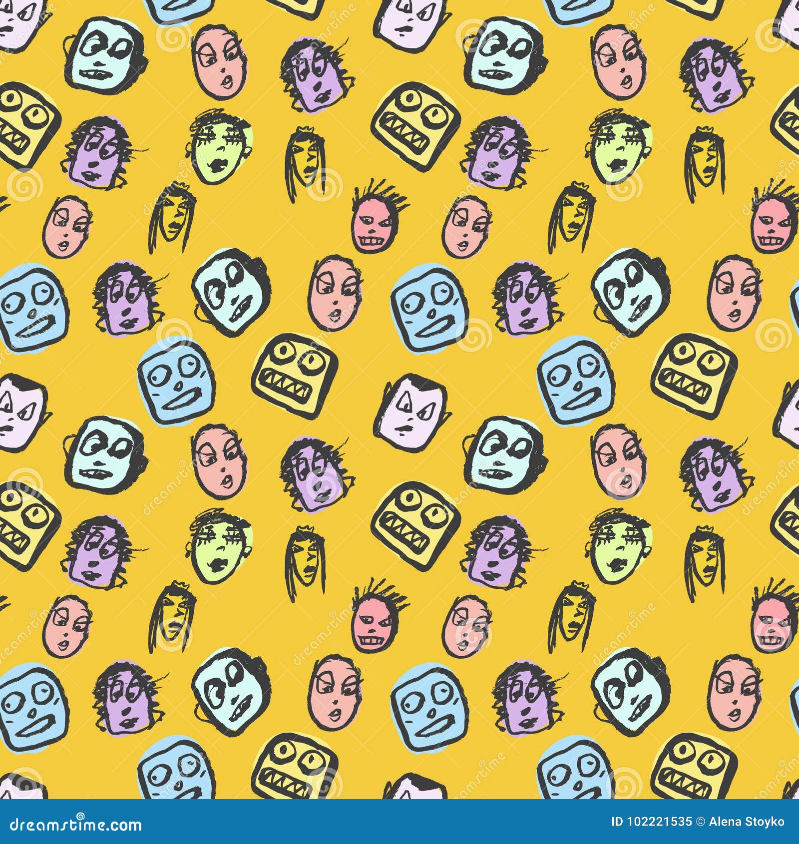 Doodles faces pattern stock vector. Illustration of seamless - 102221535