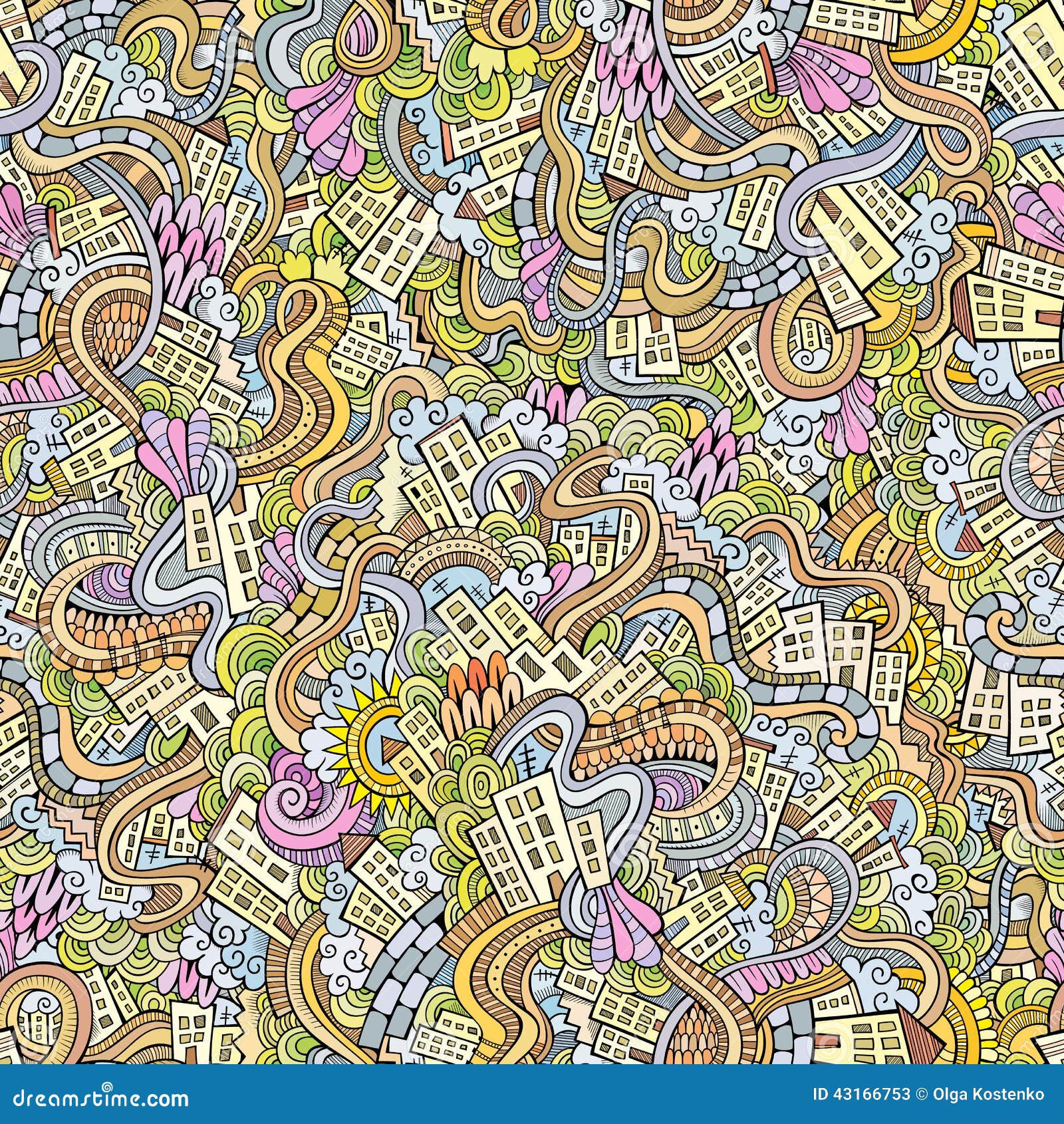 Doodles Hand Drawn Town. Seamless Pattern Stock Vector - Illustration ...