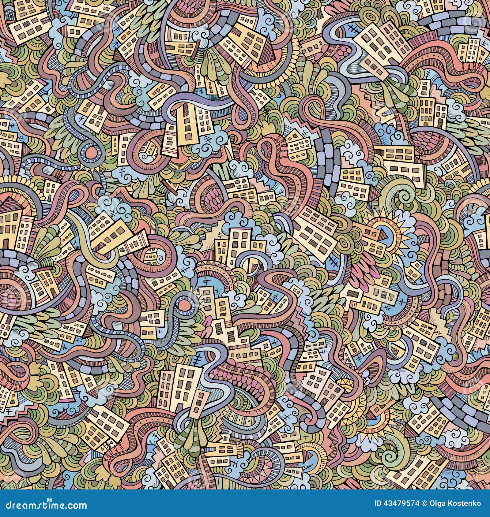 Doodles Hand Drawn Town. Seamless Pattern Stock Vector - Illustration ...