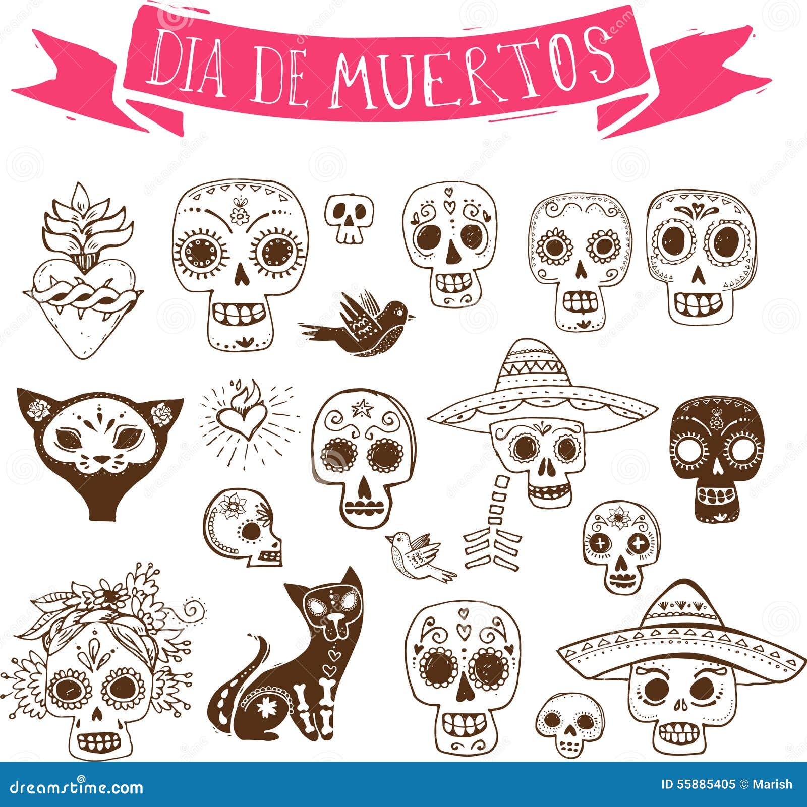 Doodles, Mexican Skull Set, Day of the Dead Stock Vector - Illustration ...