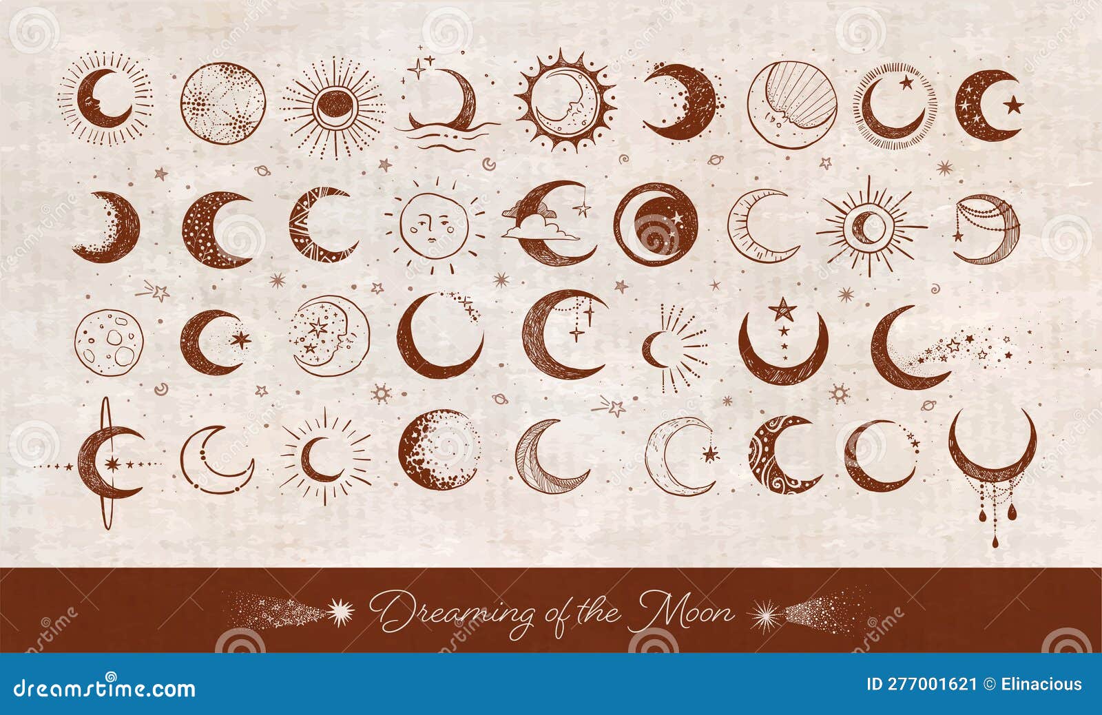 Doodles with the Moon on Vintage Background. Crescent Moon Collection ...