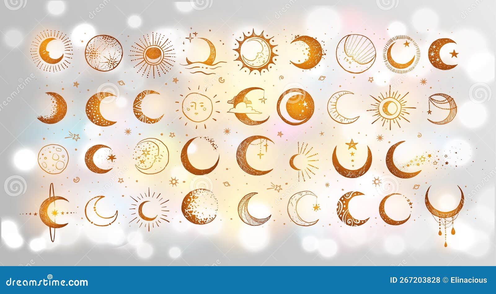 Doodles with the Moon on White Glowing Background. Crescent Moon ...