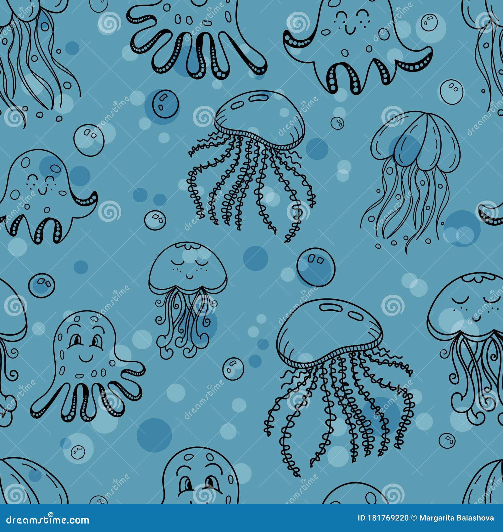 Doodles with Sea Octopuses and Jellyfish on a Blue Background Stock ...