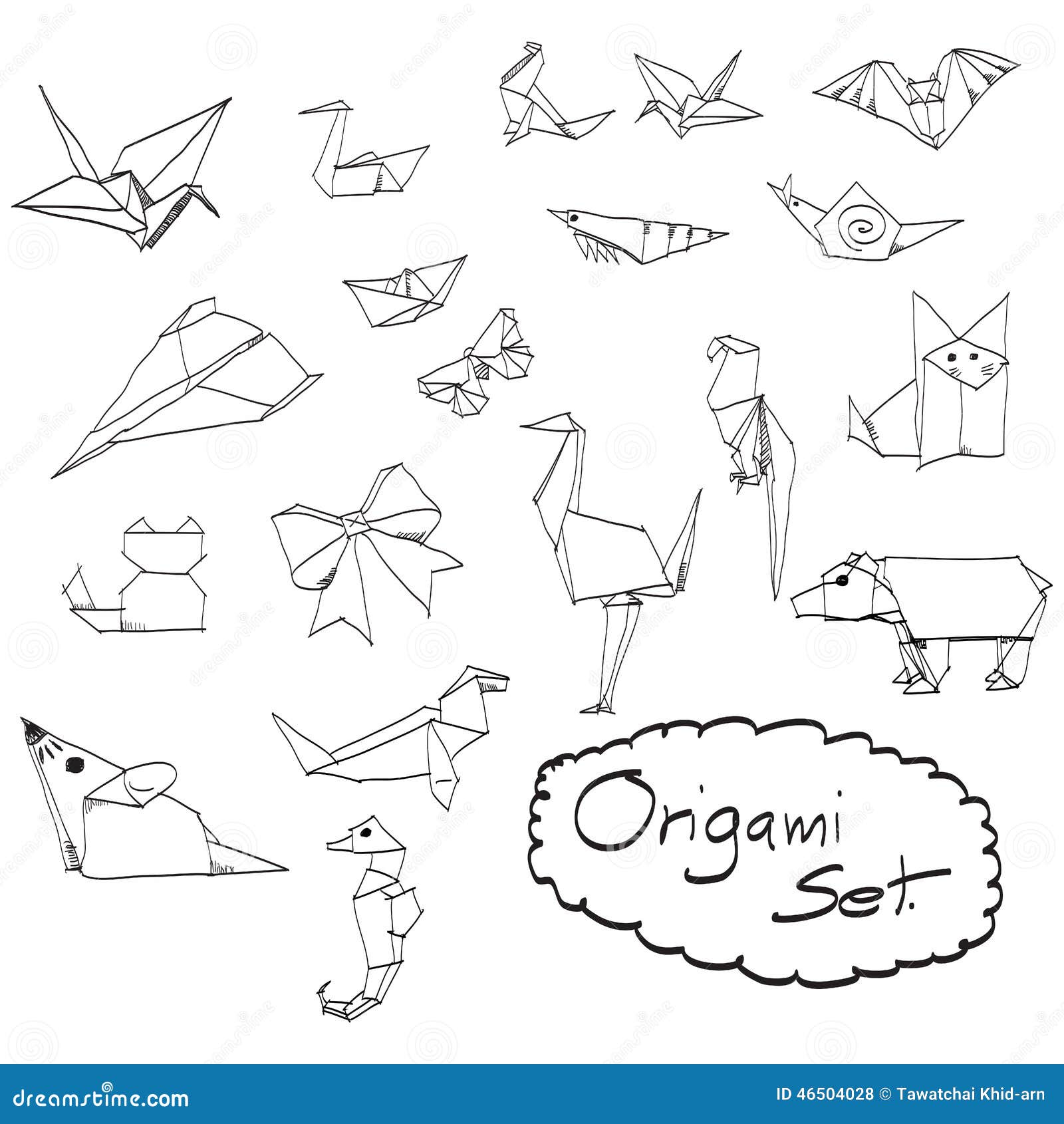 Origami Hand Drawn Doodle Set. Vector Illustration Of Figures From ...