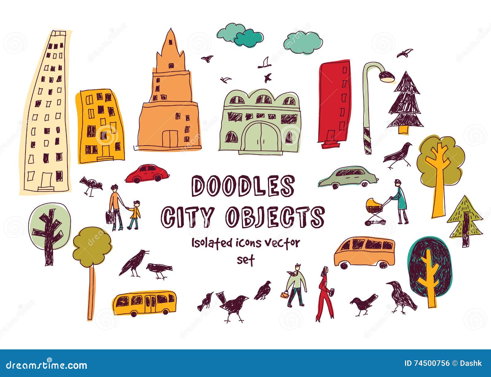 Doodles Urban City Life Isolate Objects Color Set on White. Stock ...