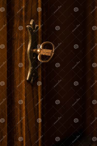 Detail of Dusty, Vintage Key in Keyhole on Antique Wood Door Stock ...