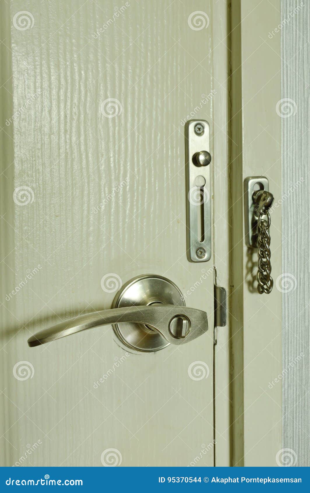 Door with Handle and Locked Hoop Chain in Home Stock Photo - Image of ...