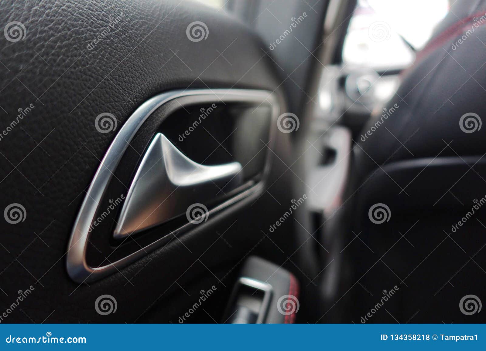 Door Handle of Modern Car from Inside. Interior with Black Leather ...