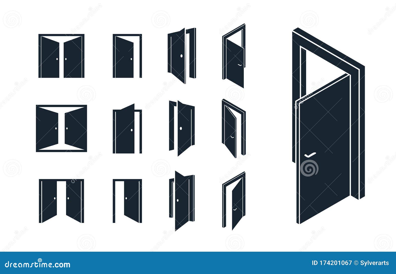 Door Icons Vector Set, Flat and 3d Dimensional Styles Symbols. Stock ...