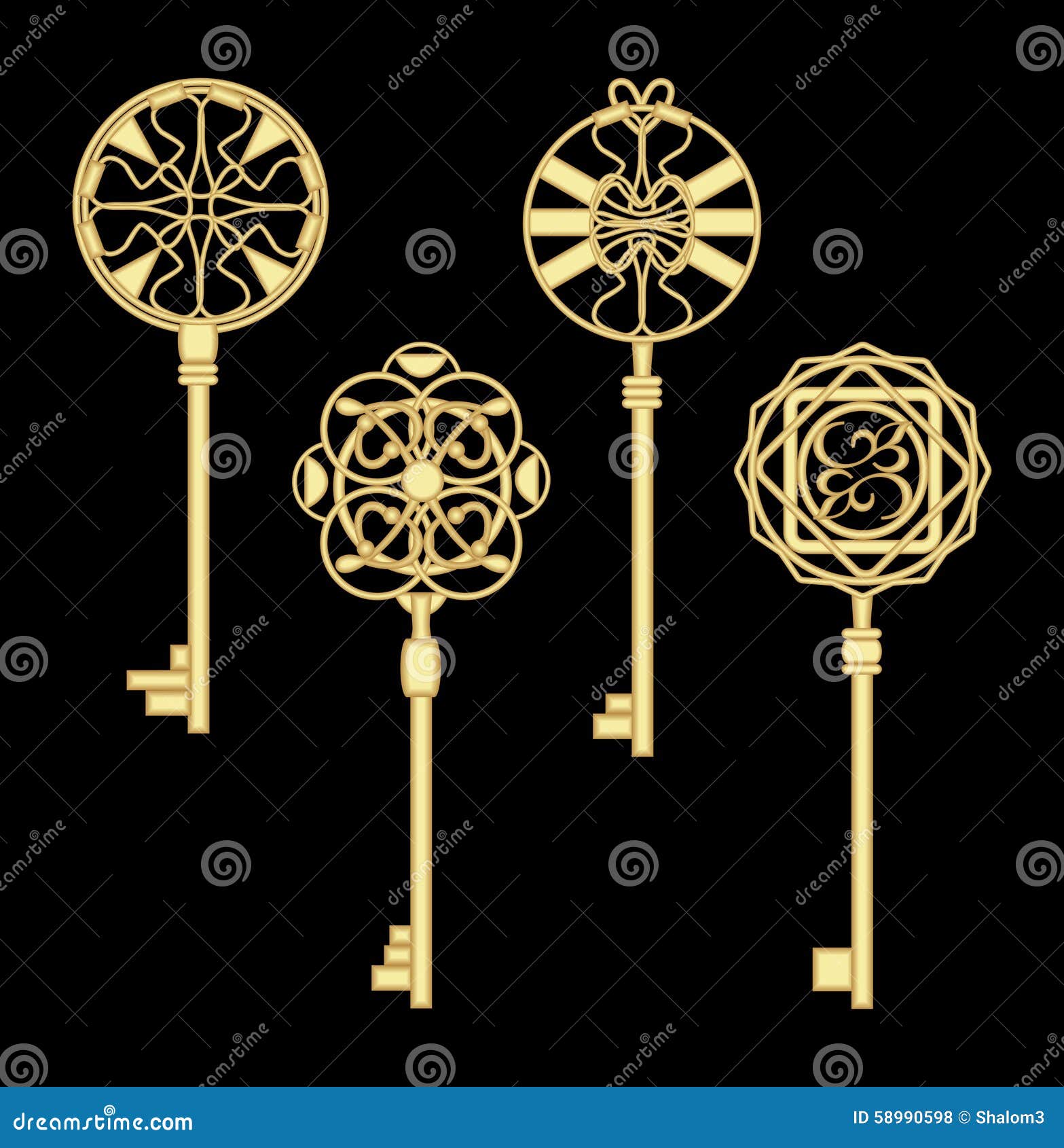 Door Key Set in Golden Metallic Design with Historic Ornamental Vintage ...