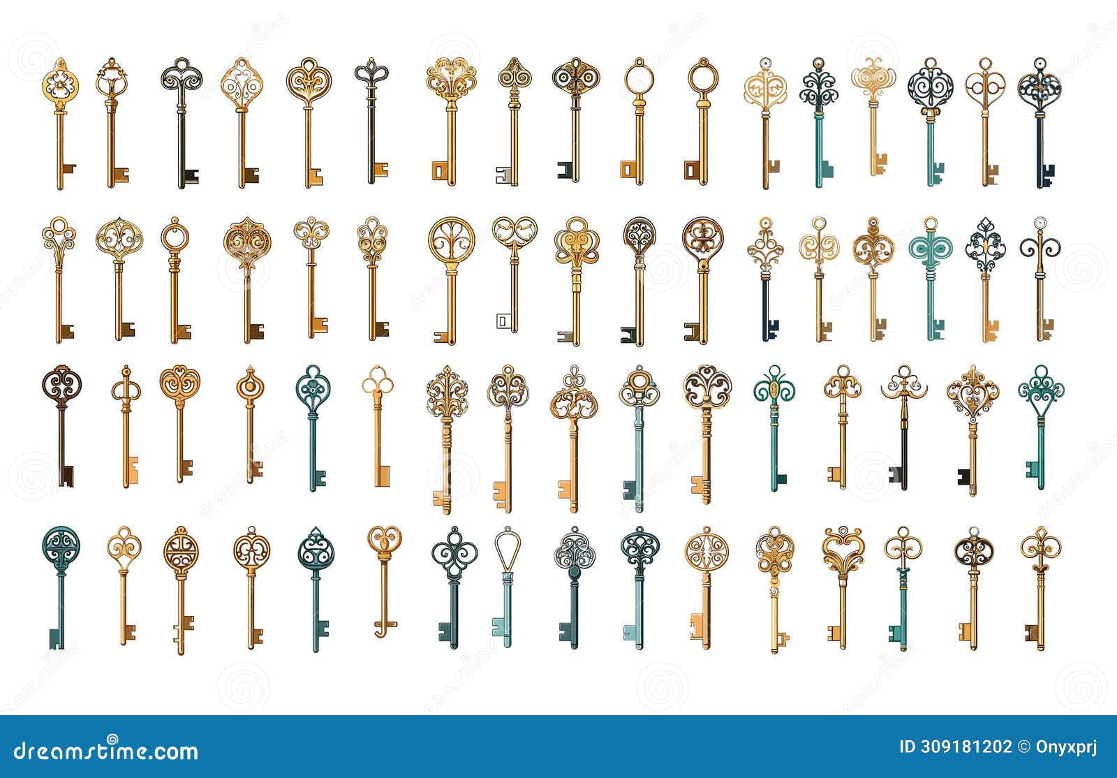 Door Keys with Fancy Shape, Large Vector Set. Magic Patterns, Variety ...