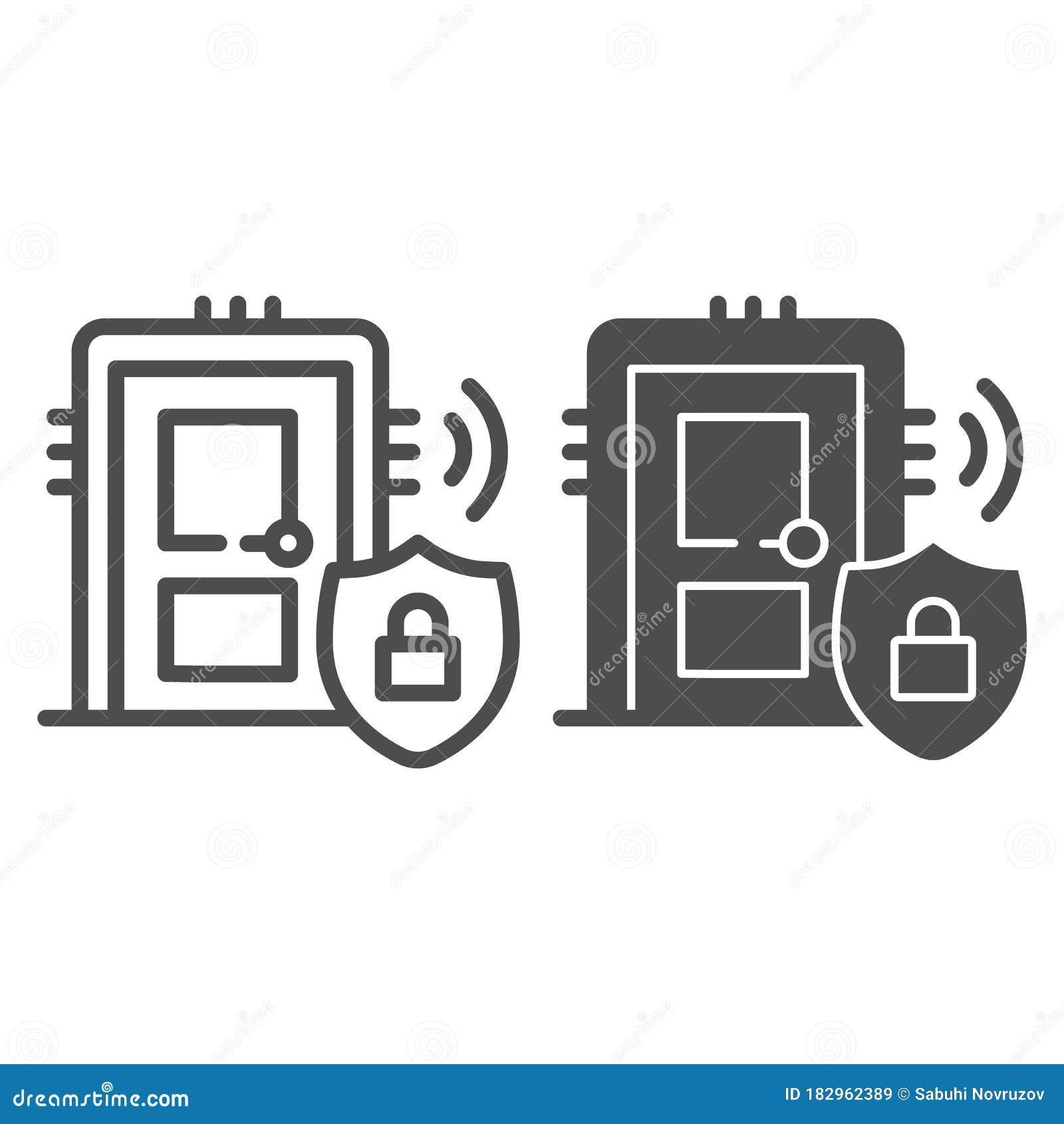 Door with Secure Lock on Emblem Line and Solid Icon, Smart Home Symbol ...