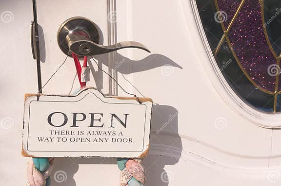 Door Sign Open Attach the Door Handle. Stock Image - Image of ...