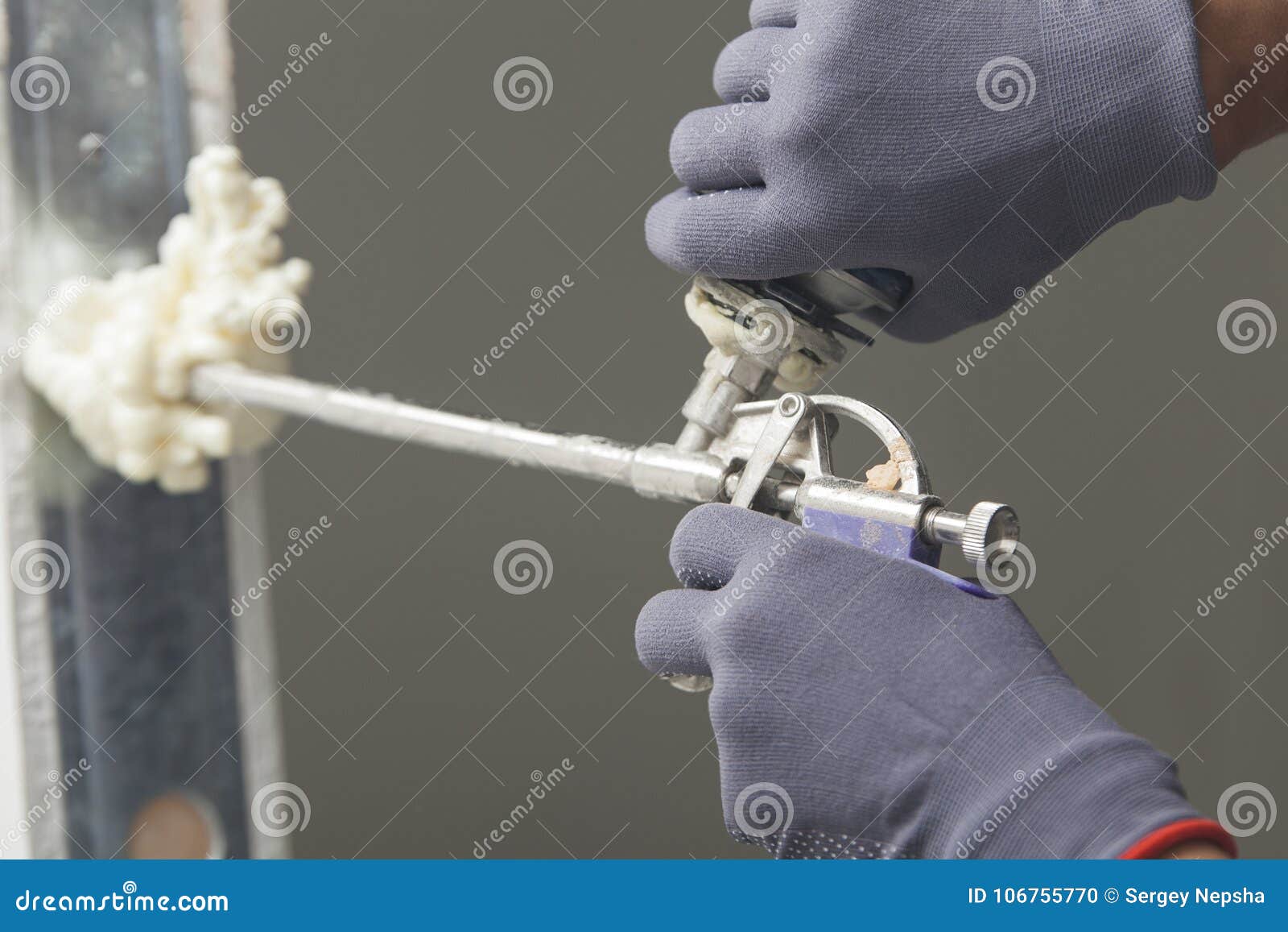 Doorway Fixing with Extending Foam Stock Photo - Image of tool, site ...