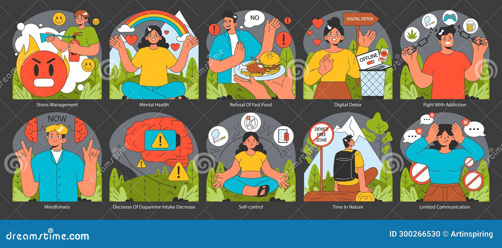 Dopamine Fasting Set. Flat Vector Illustration. Stock Vector ...