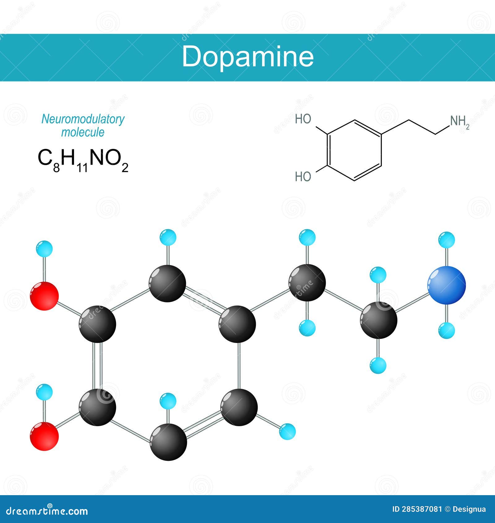 Dopamine Molecule, Neuromodulatory Molecule Molecular Structure ...