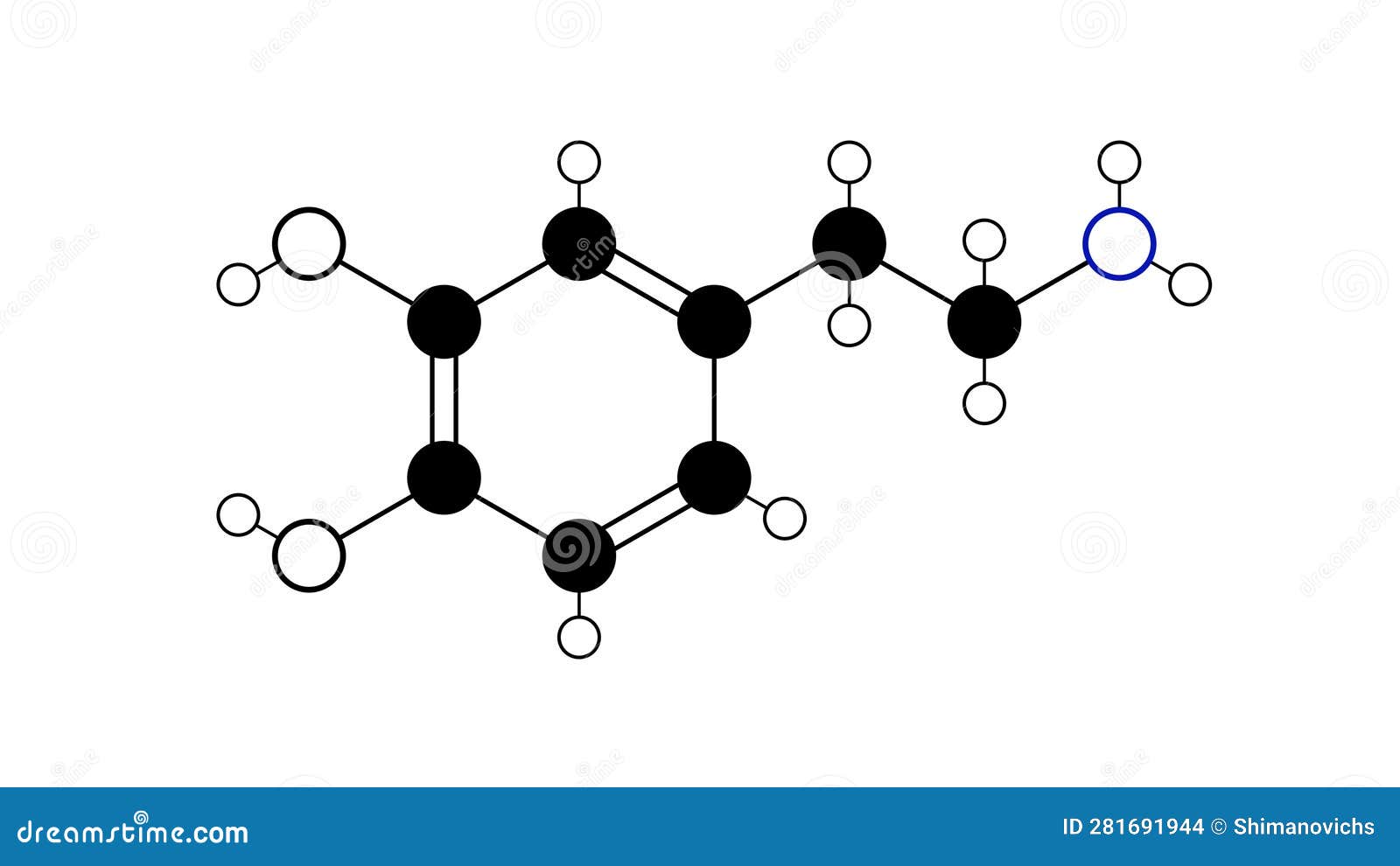 Dopamine Molecule, Structural Chemical Formula, Ball-and-stick Model ...