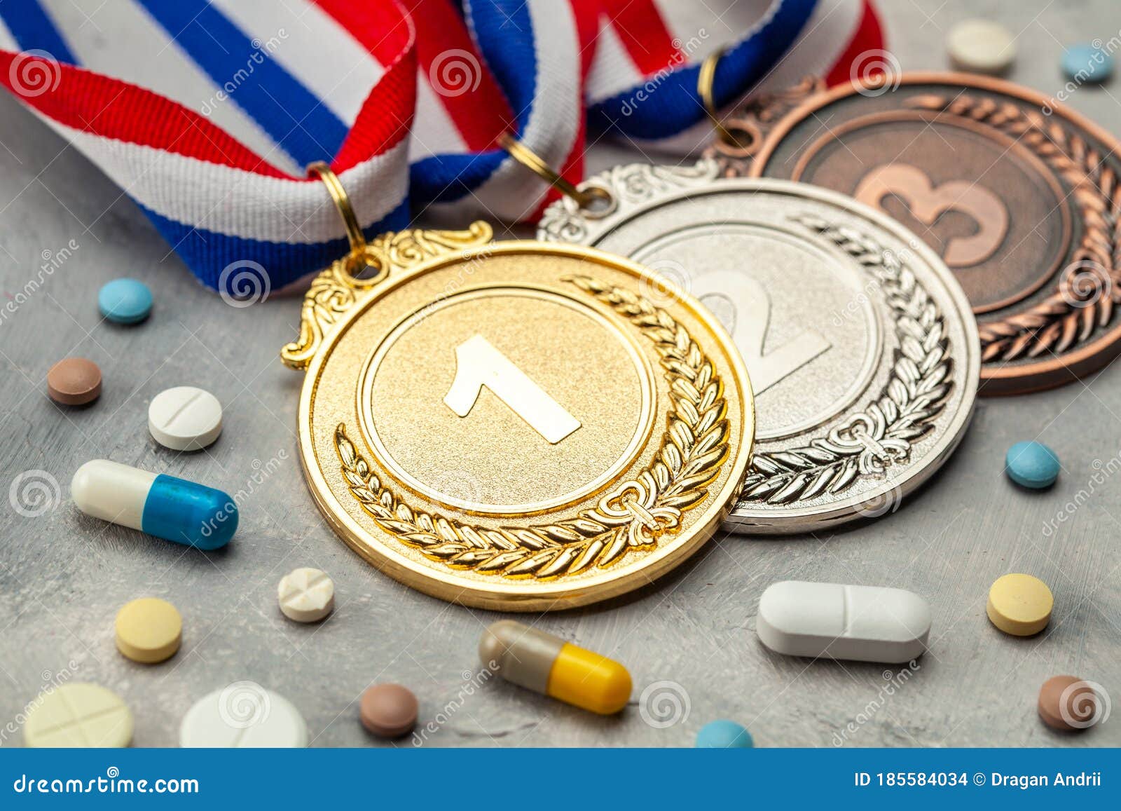 Doping for Athletes. Gold, Silver and Bronze Medal and Pills with ...