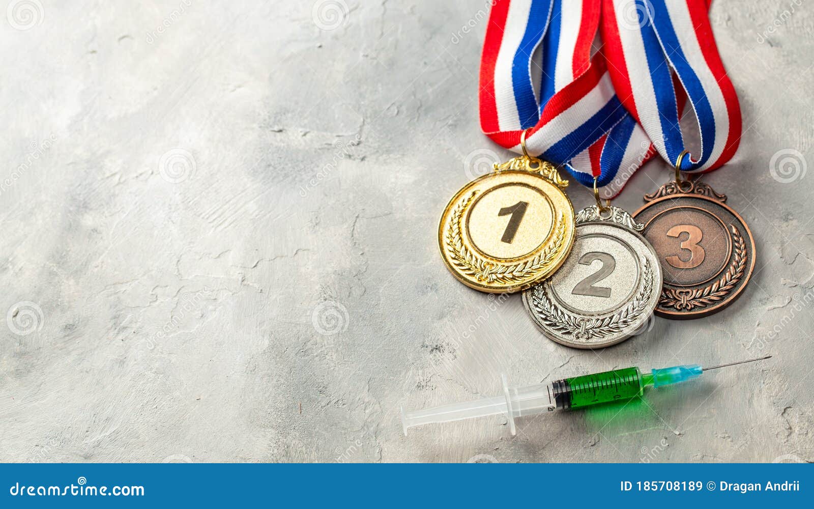 Doping for Athletes. Golds, Silver and Bronze Medal and Doping Syringe ...