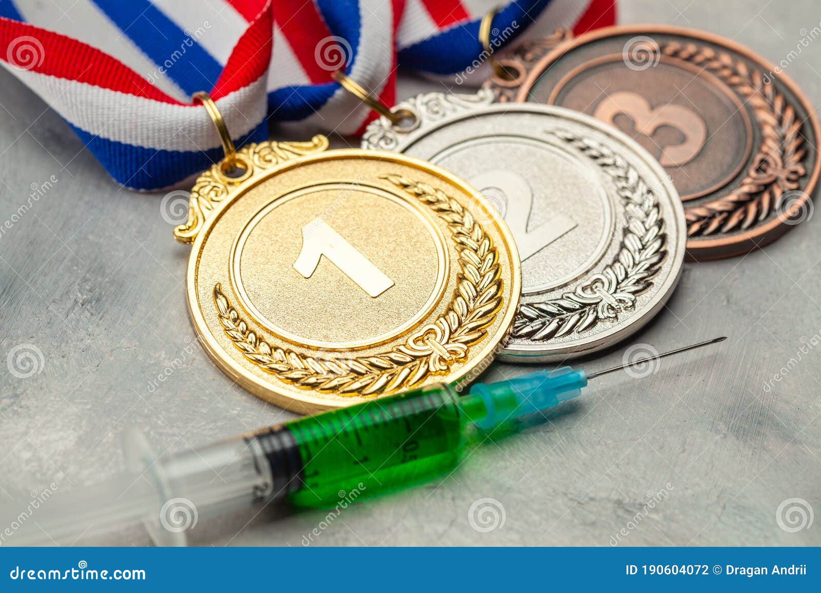 Doping for Athletes. Golds, Silver and Bronze Medal and Doping Syringe ...