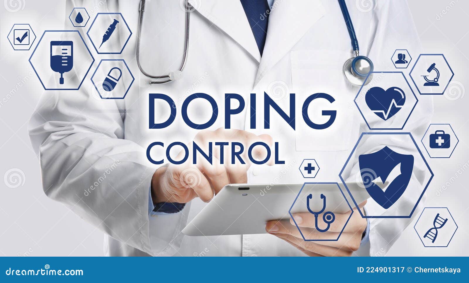 Doping Control. Virtual Icons and Doctor with Tablet on Light ...