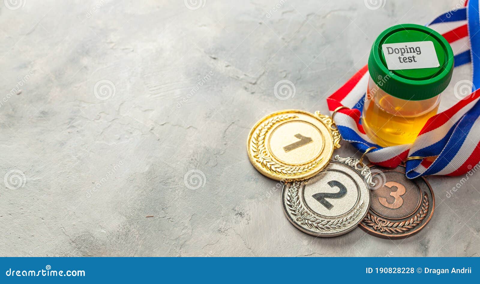 Doping Test. Gold, Silver and Bronze Medal and a Jar for Urine Analysis ...