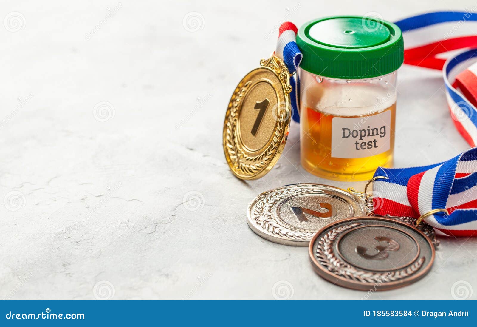 Doping Test. Gold, Silver and Bronze Medal and a Jar for Urine Analysis ...