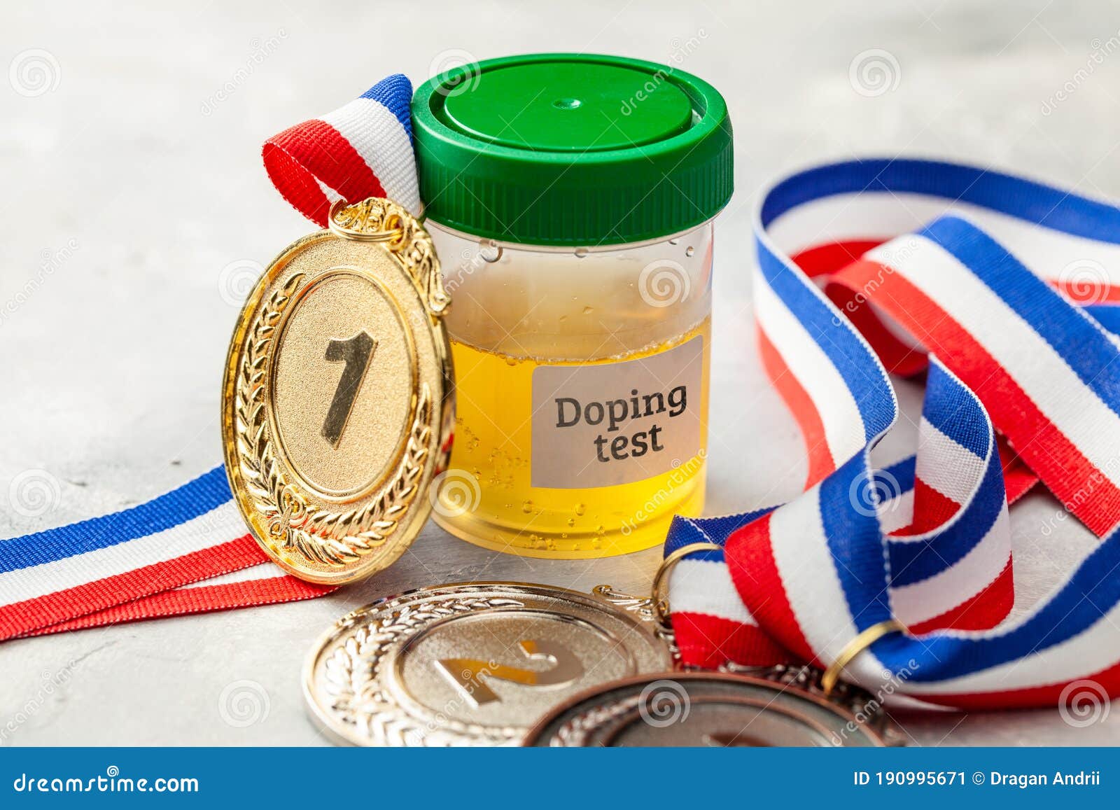 Doping Test. Gold, Silver and Bronze Medal and a Jar for Urine Analysis ...
