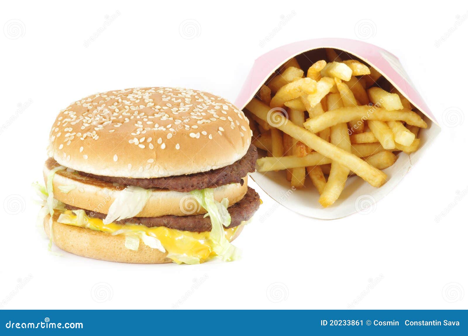 Doppelter Cheeseburger Und Pommes-Frites Stockbild - Bild von nahrung ...