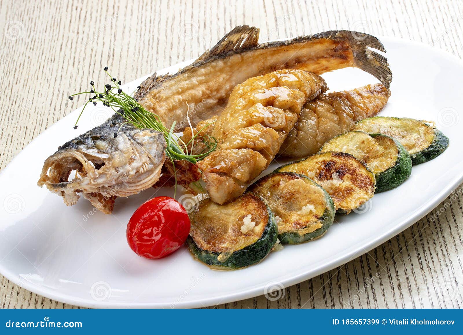 Dorada in Crispy Asian Breading with Fried Zucchini Stock Image - Image ...