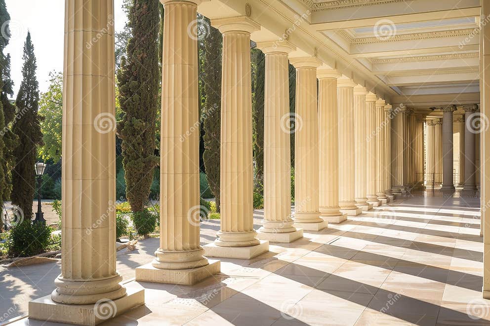 Doric Columns Standing in a Row, Framed by Trees in the Background of a ...