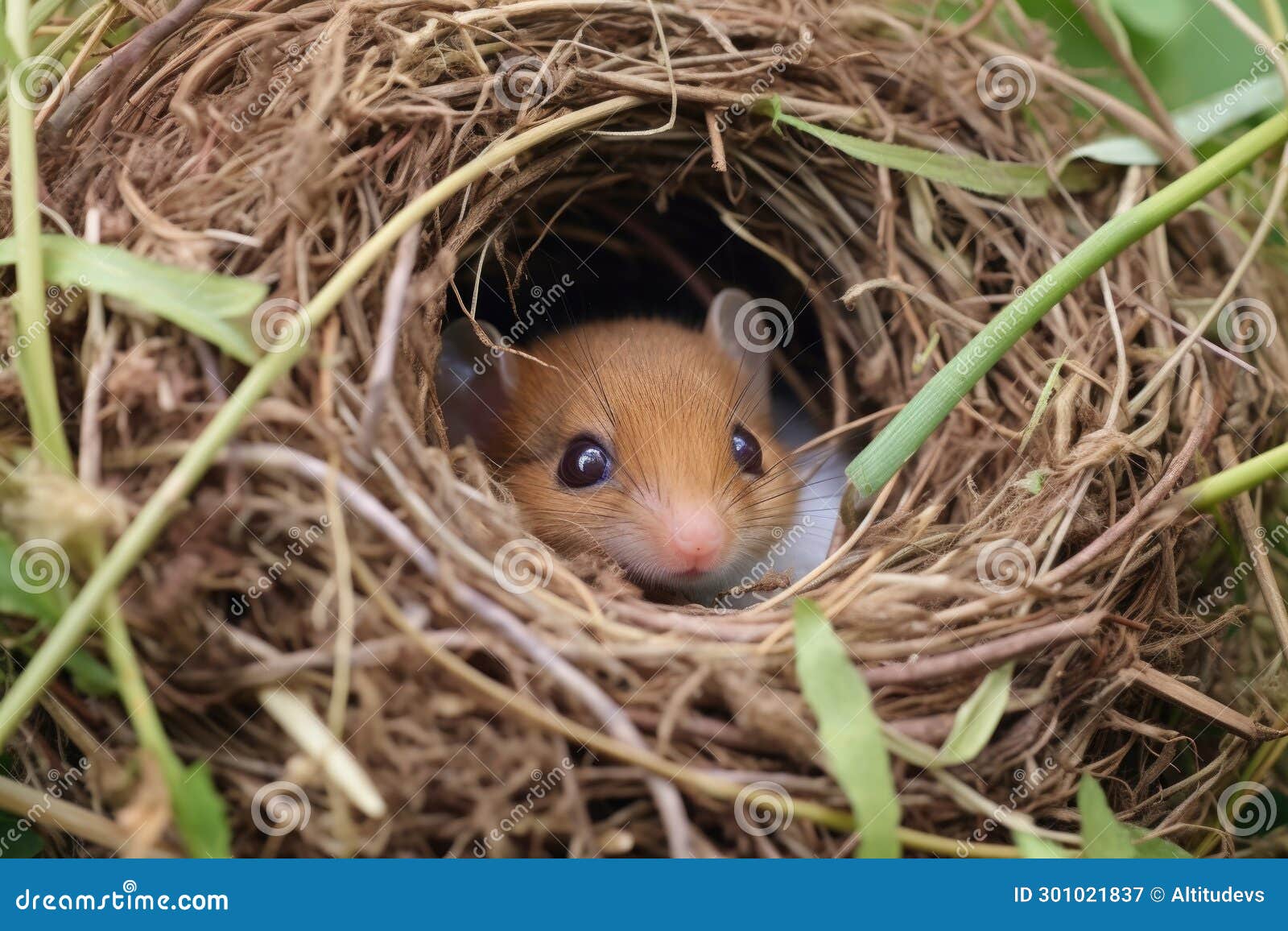 A Dormouse Curled Up in a Nest Made of Grass and Leaves Stock Image ...
