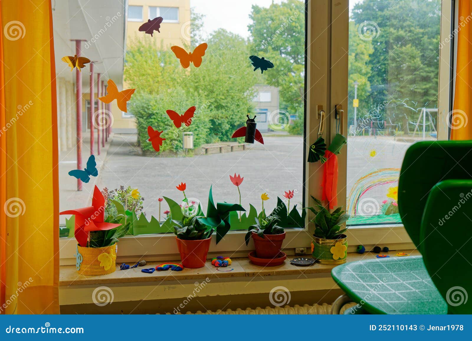 View at the Schoolyard from Class Room with Decorated Window Editorial ...