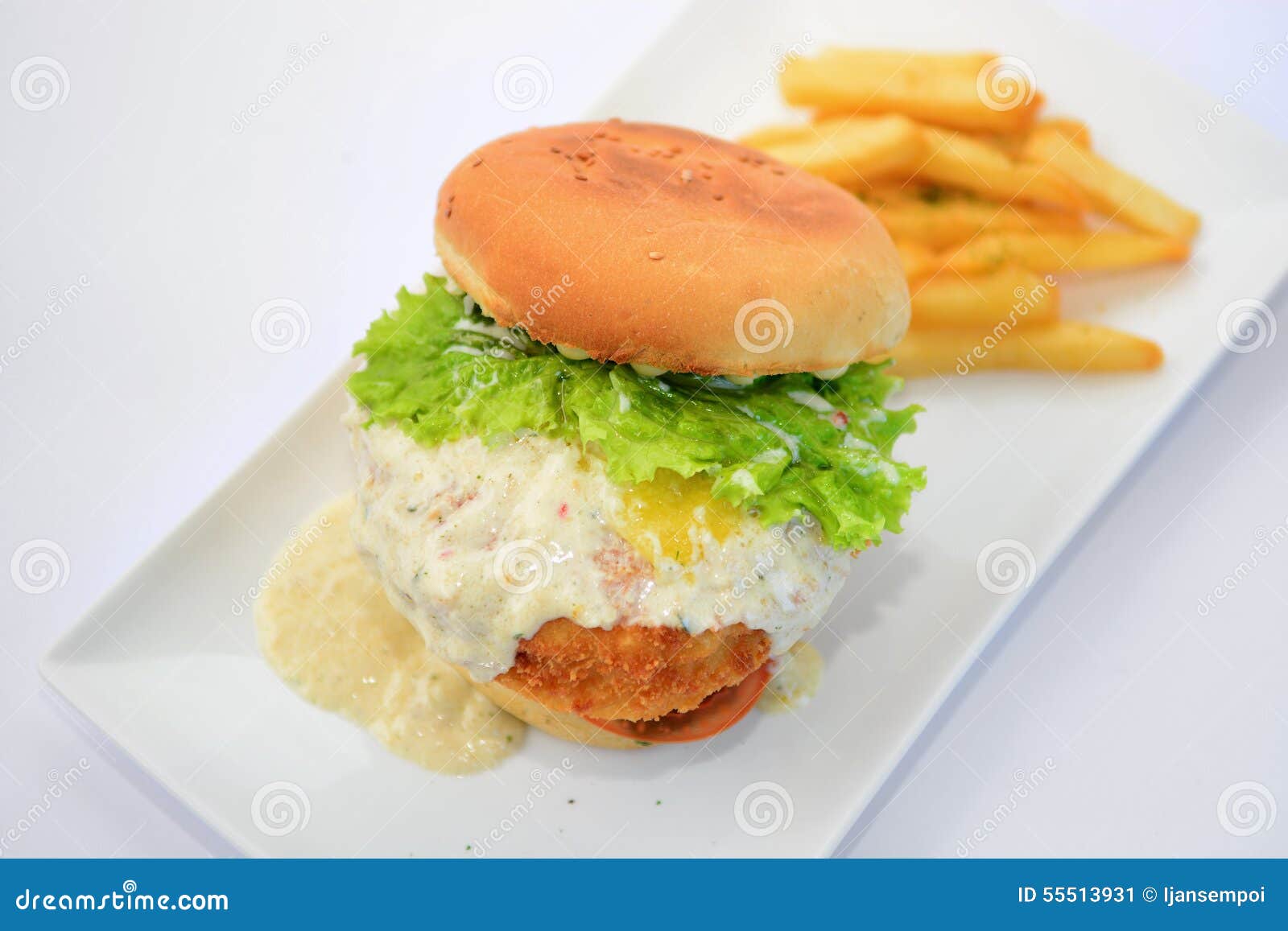 Dory Burger with Potato Chips Stock Image - Image of beef, unhealthy ...