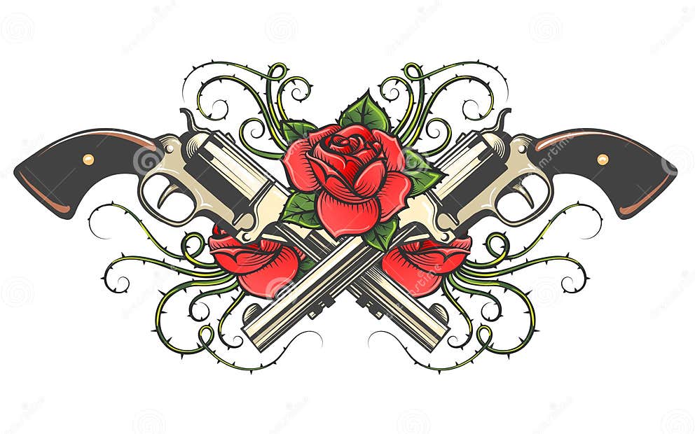 Dos Pistolas Y Rosas Con Tatuaje De Espinas Ilustración del Vector ... Dos Pistolas Y Rosas Con Tatuaje De Espinas Ilustración del Vector ...
