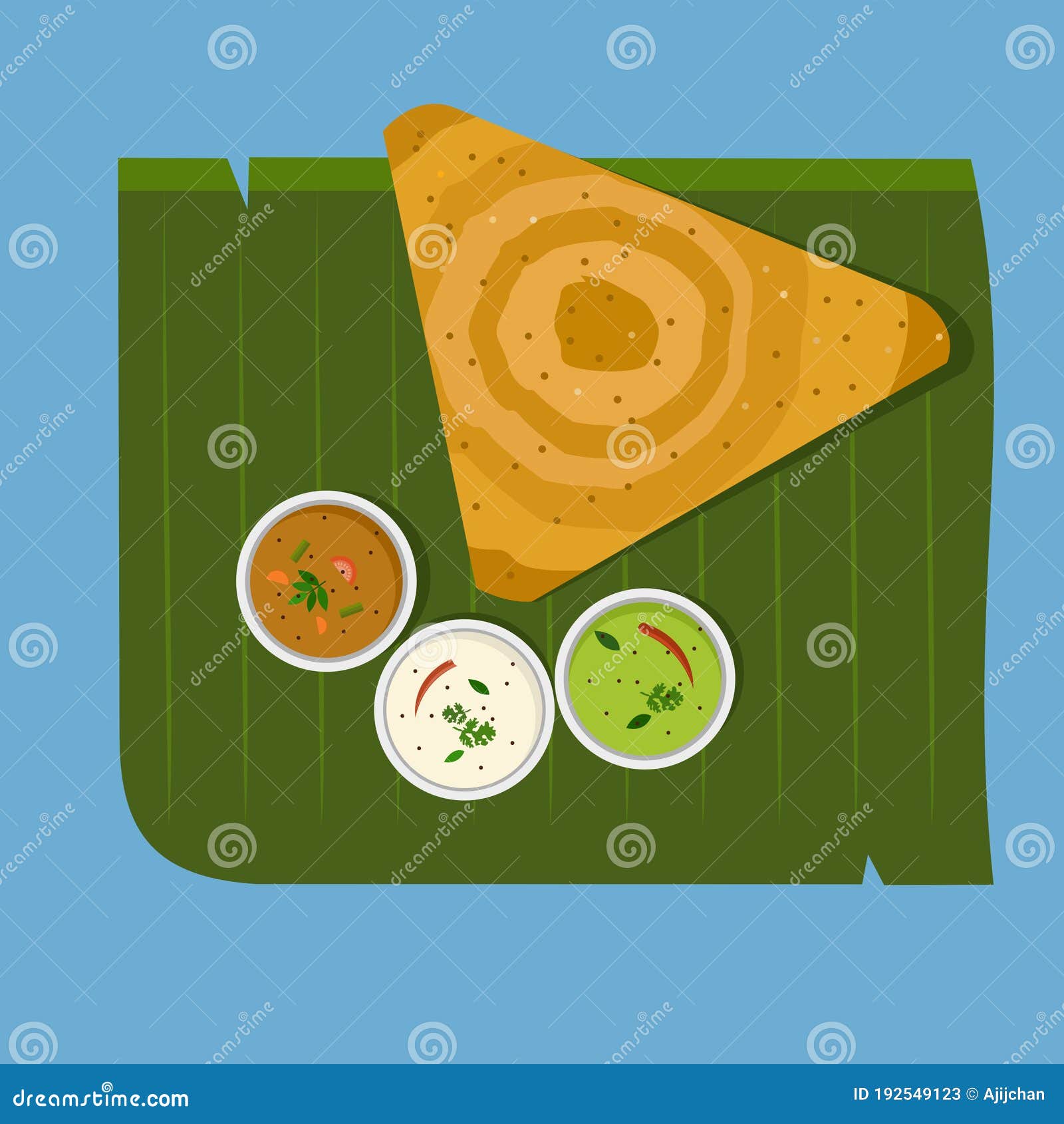 Dosa with Sambar and Chutney on Banana Leaf Stock Vector - Illustration ...