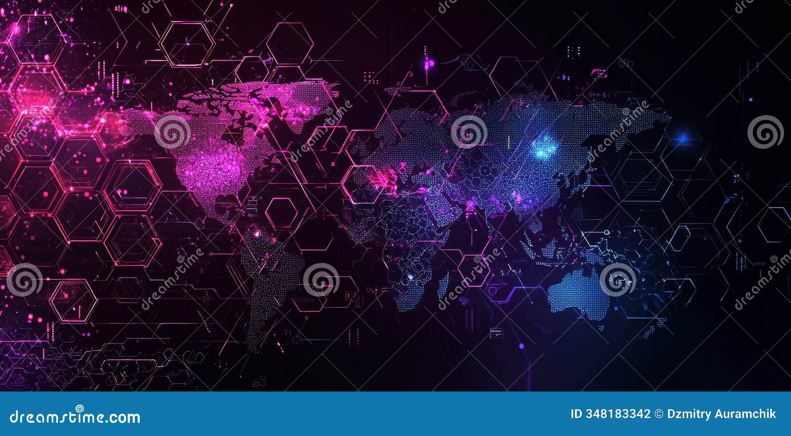 Dot Connecting World Map Purple and Blue Hexagonal Network Pattern ...