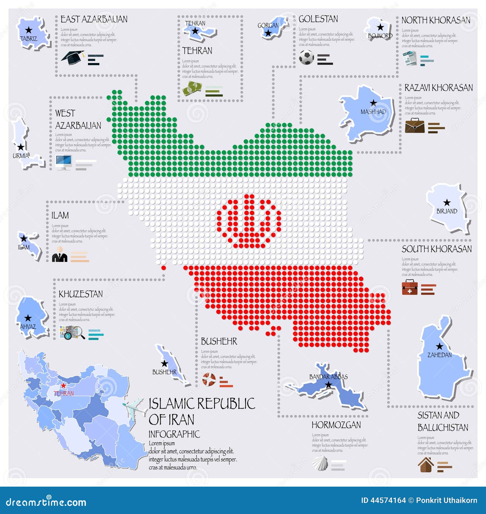 Dot and Flag Map of Islamic Republic of Iran Infographic Design Stock ...